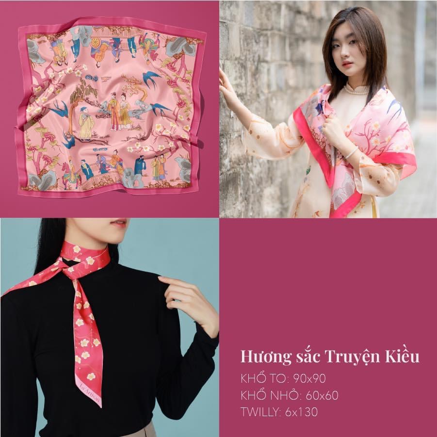 Khăn lụa vuông hồng họa tiết Hương sắc truyện Kiều ( Kt 60*60cm :549,000)